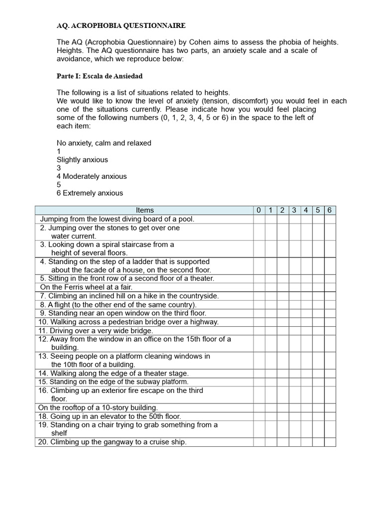 Acrophobia Questionnaire - Format and Scoring Instructions | PDF | Fear ...
