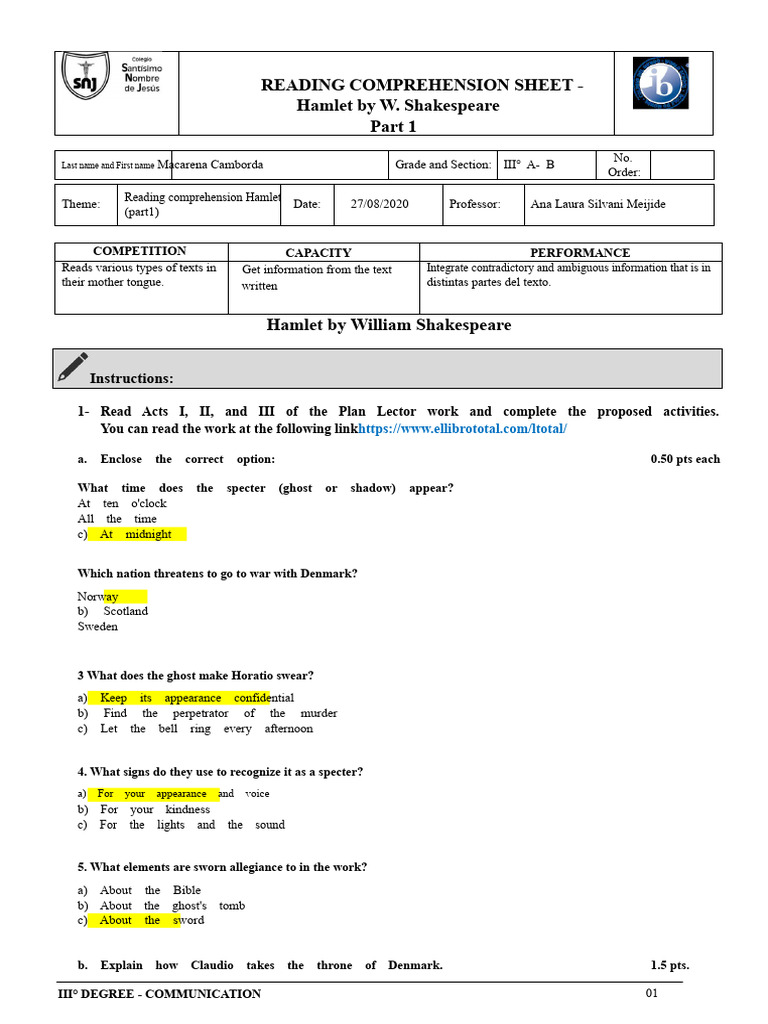 Reading Comprehension Sheet-1 | PDF | Hamlet