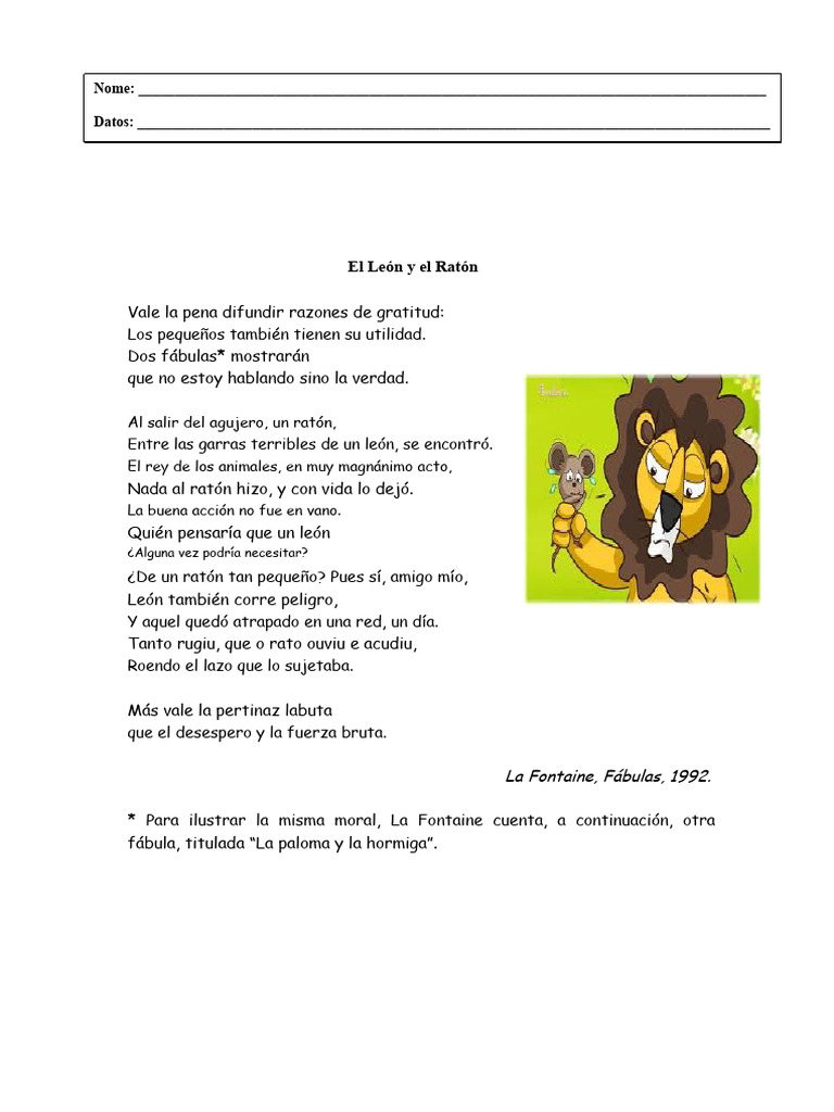 Fábula El León y El Ratón | PDF