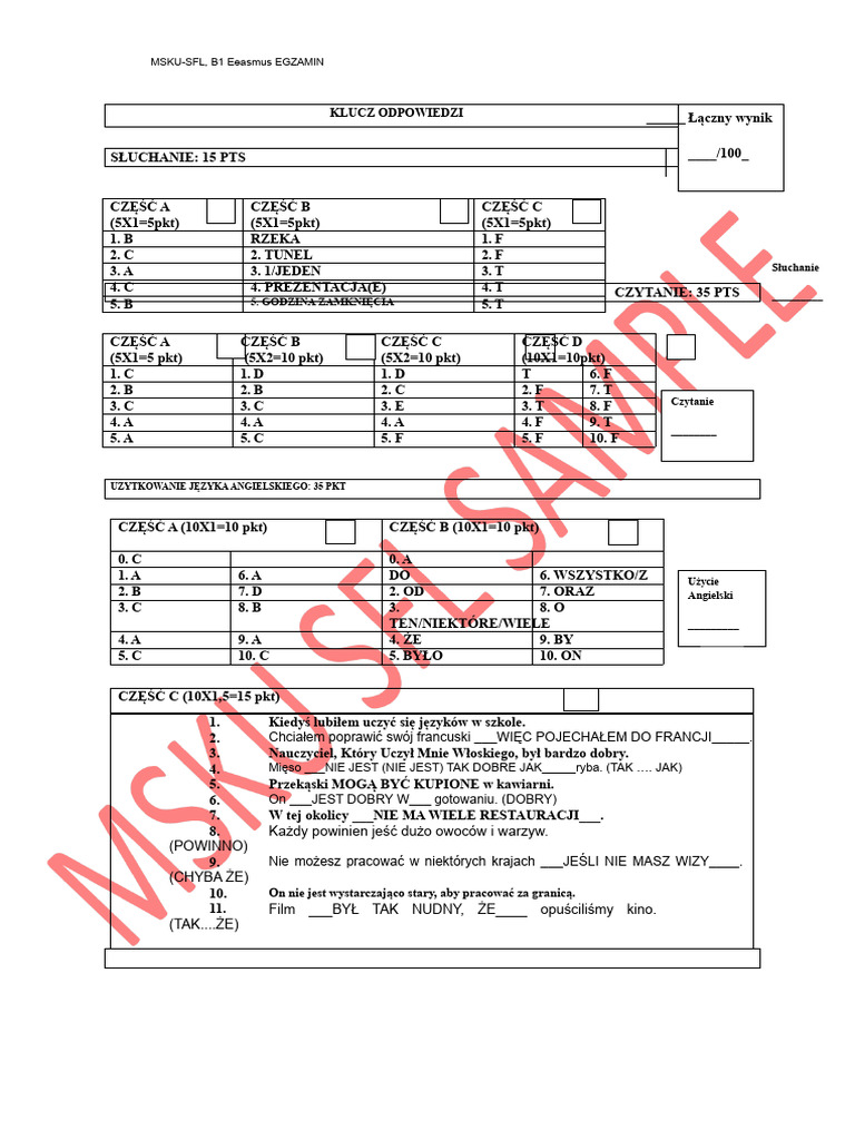 Klucz odpowiedzi B1 Erasmus | PDF