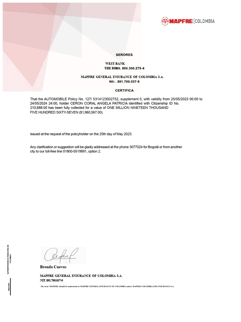 Payment Certificate Mapfre | PDF
