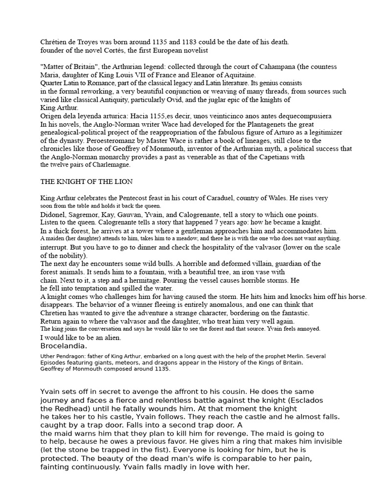 Summary of The Knight of The Lion | PDF | Gawain | Chrétien De Troyes