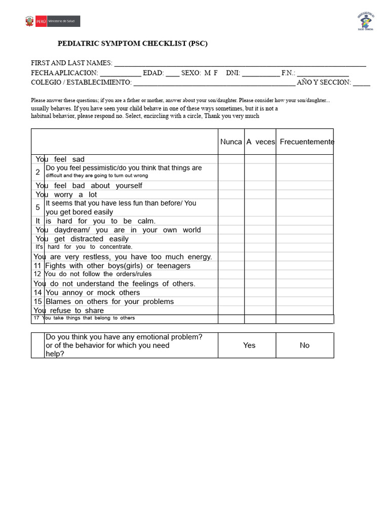 List of Pediatric Symptoms (Pediatric Symptom Checklist - PSC) | PDF ...