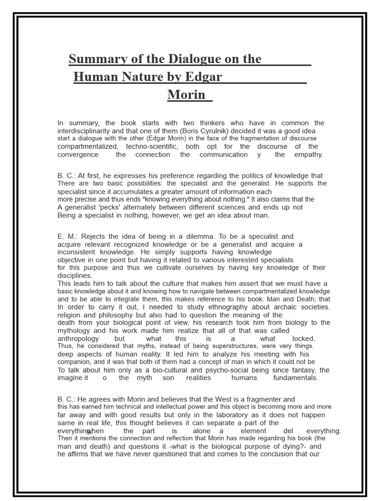 Summary of The Dialogue On Human Nature by Edgar Morin | PDF ...