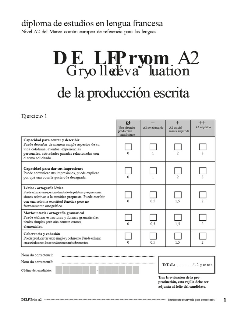 Cuadro de Evaluación Producción Escrita Delf Prim a2 | PDF | Comunicación humana | Lingüística