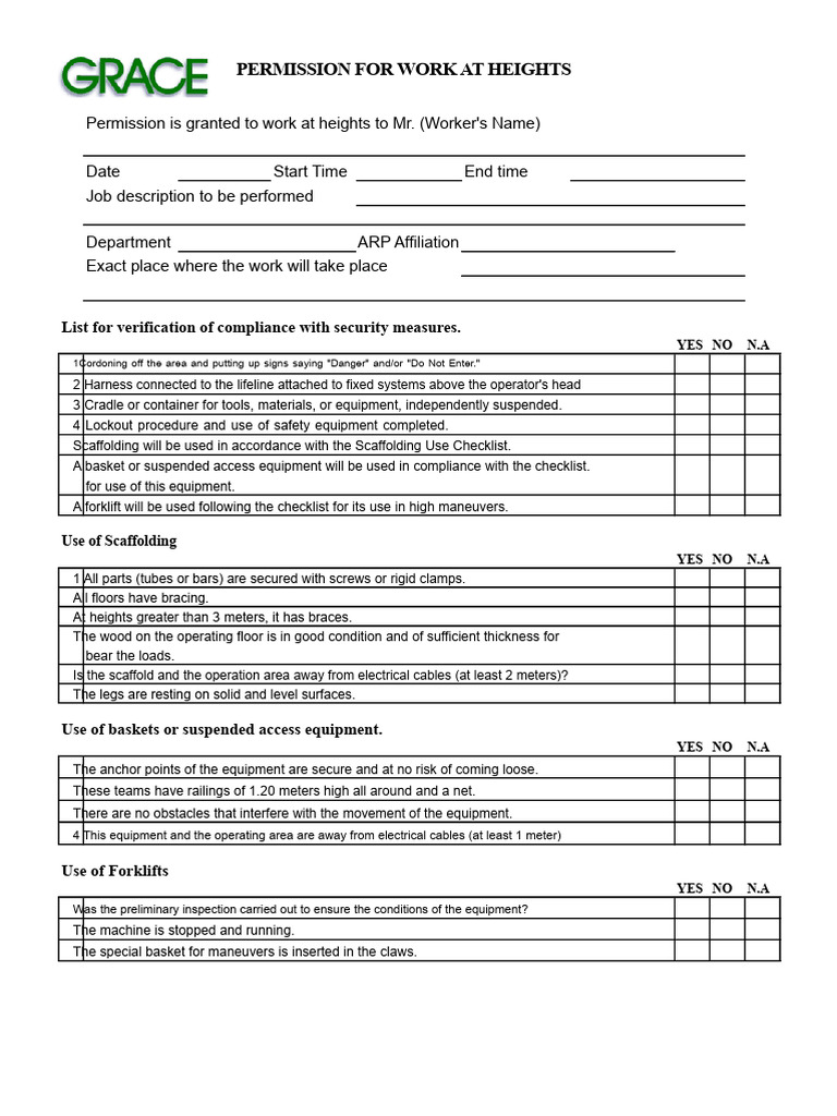 Work at Heights Permit | PDF | Scaffolding | Forklift