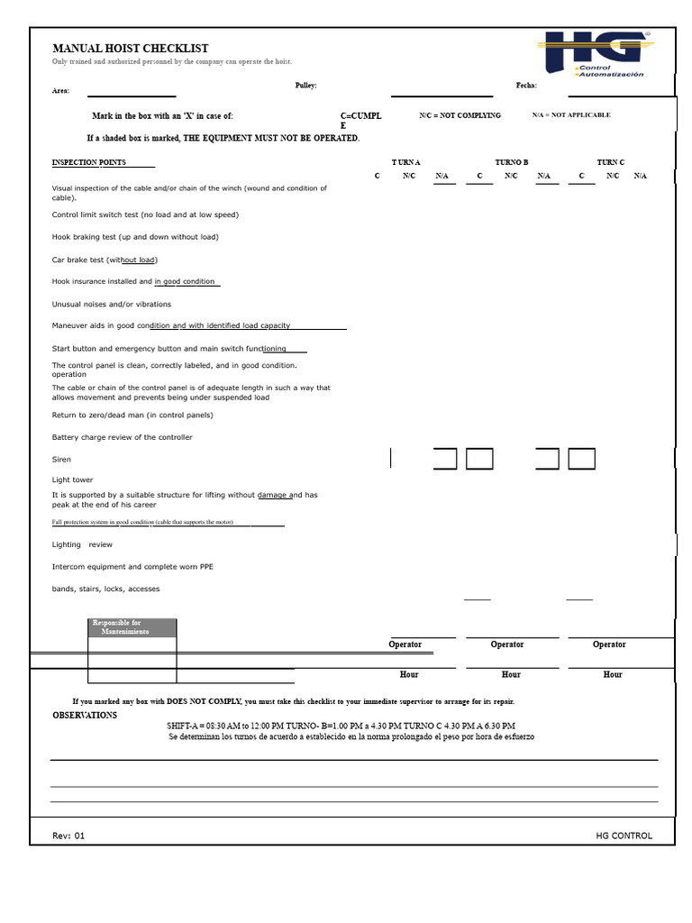 Manual Hoist Checklist PROPOSAL123 | PDF
