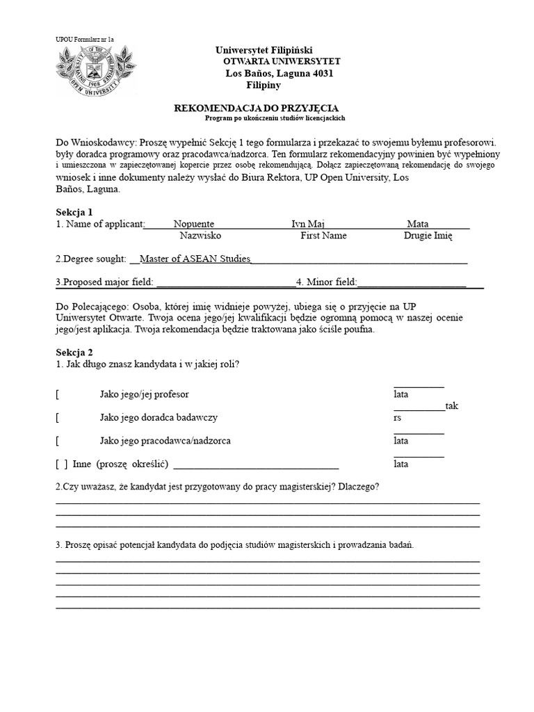 Formularz Rekomendacji UPOU Form 1a | PDF