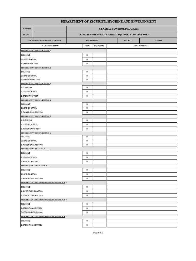 Emergency Lighting Equipment Control Form | PDF | Flashlight ...