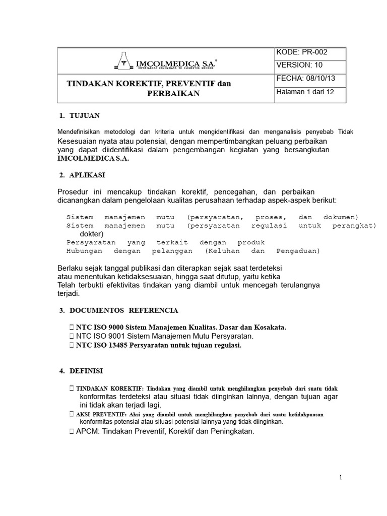PR-002 Prosedur Tindakan Korektif, Pencegahan, Dan Perbaikan | PDF