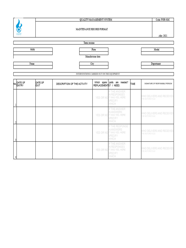 Motorcycle Maintenance Record Template | PDF
