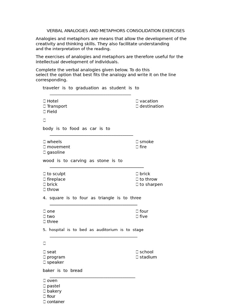Verbal Analogies and Metaphors Consolidation Exercises | PDF