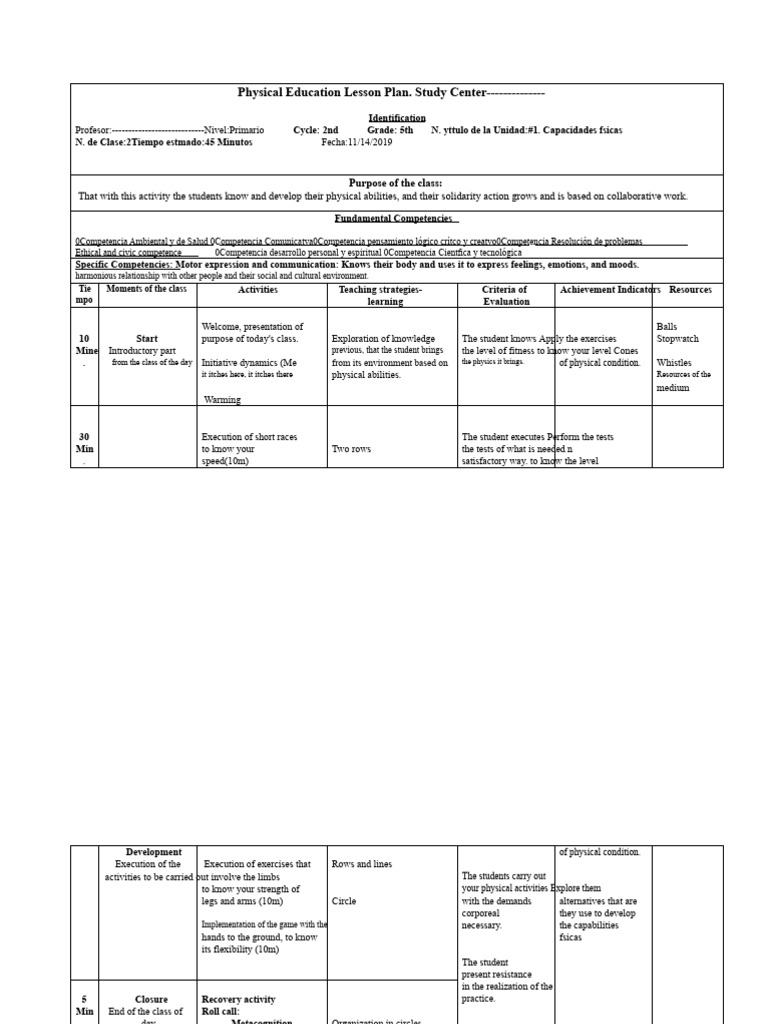 Physical Education Lesson Plan On Physical Abilities. Primary Level ...