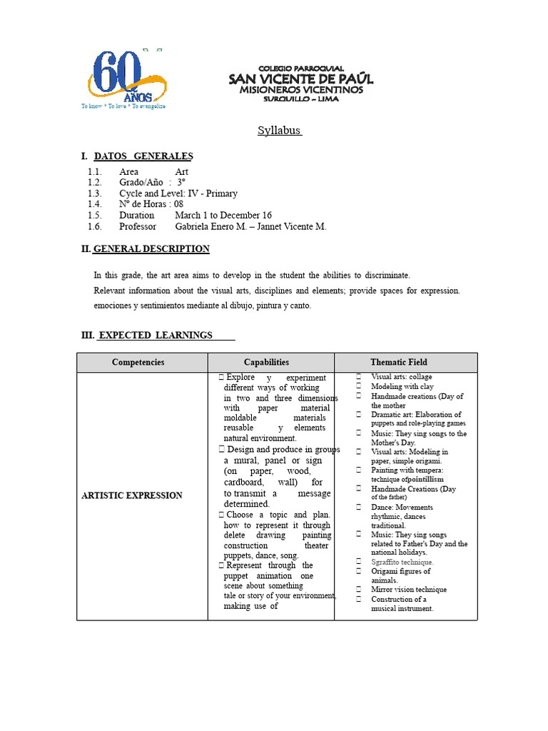 Primary Art Education Syllabus 3rd Grade | PDF | Dances | Evaluation