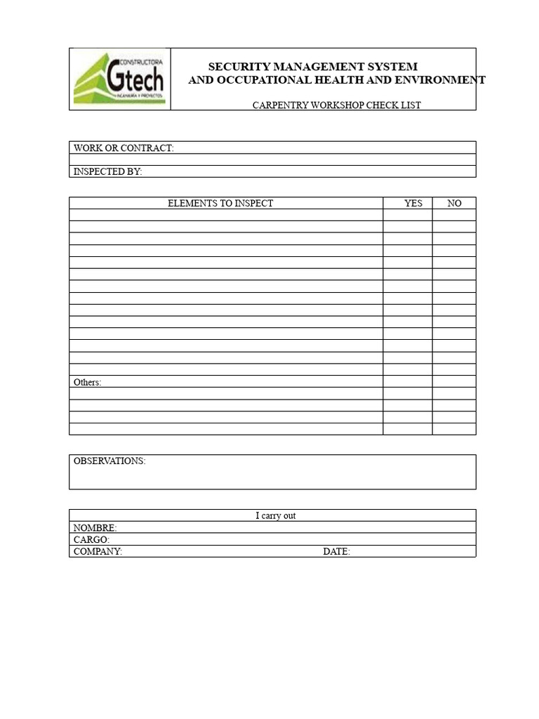 Carpentry Workshop Check List | PDF