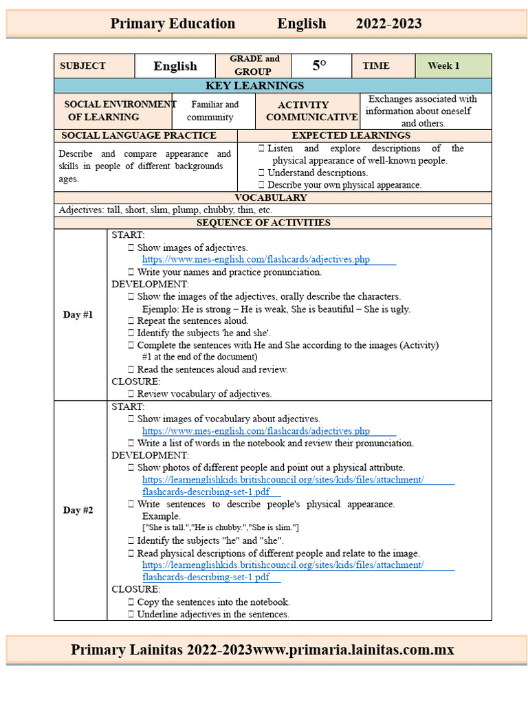 Primary Education English 2022-2023 5° | PDF | English Language ...