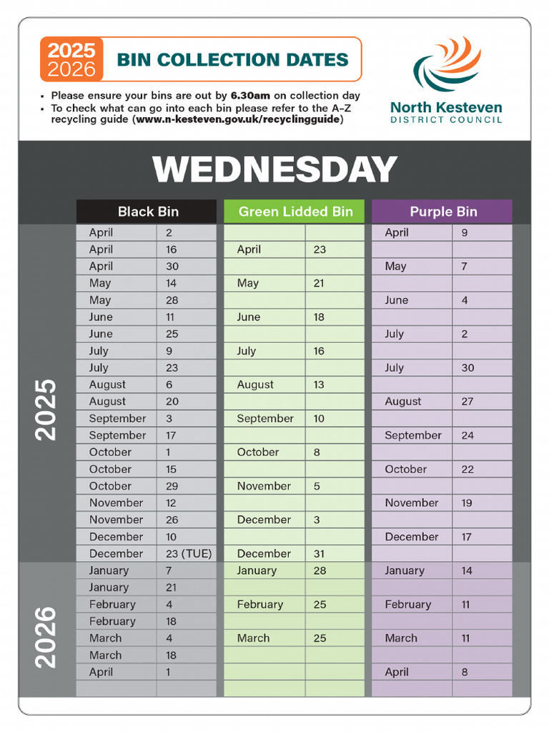 Black Green Lid Purple Bin Calendar Wednesday (2025-2026) | PDF