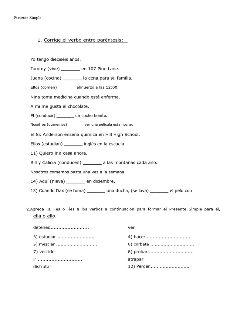 Ejercicios de Presente Simple en Inglés | PDF