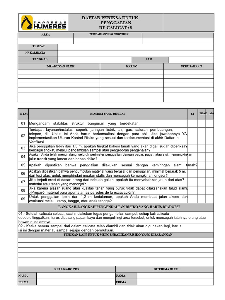 Daftar Periksa Penggalian Calicatas | PDF