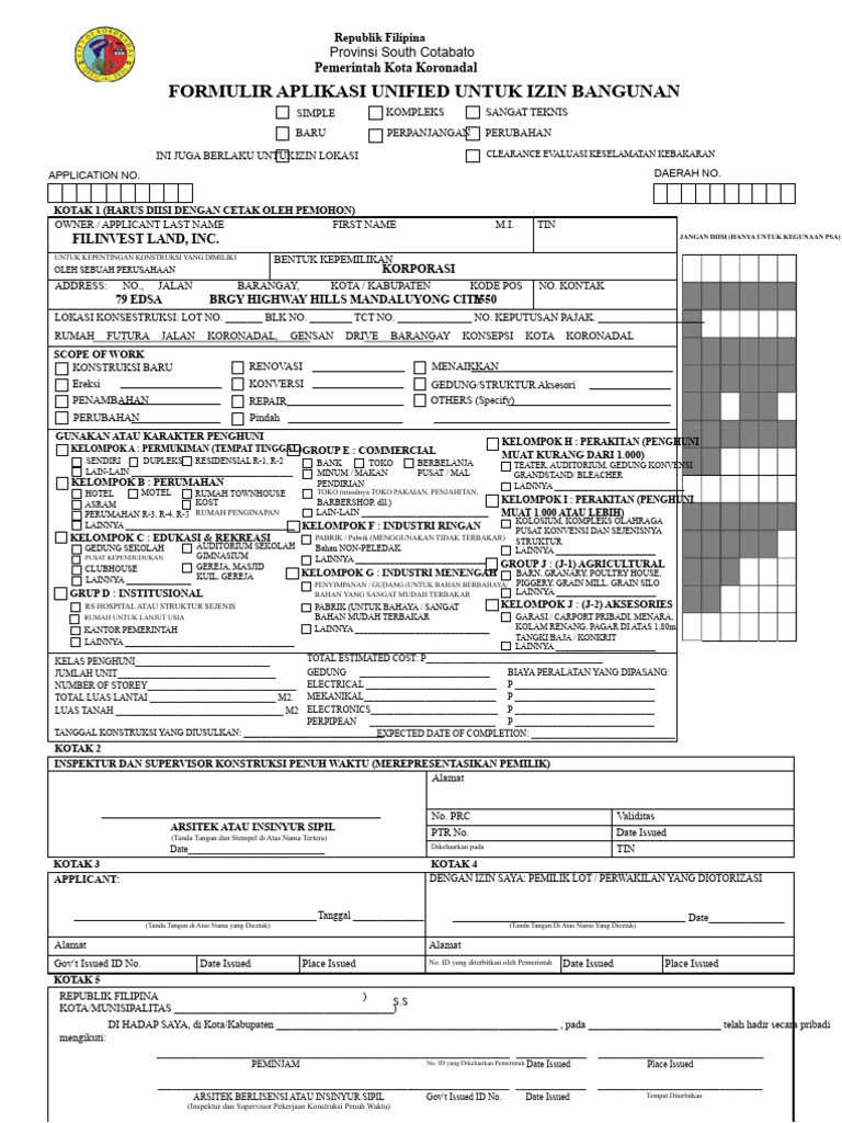 FORMULIR PERMOHONAN TERPADU UNTUK IZIN MENDIRIKAN BANGUNAN_KORONADAL | PDF