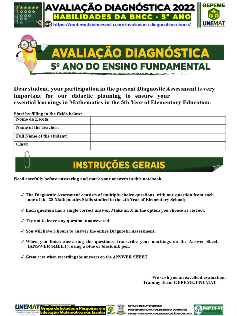 Diagnostic Assessment - Mathematics 5TH Grade 2022 - Sent To Printing ...