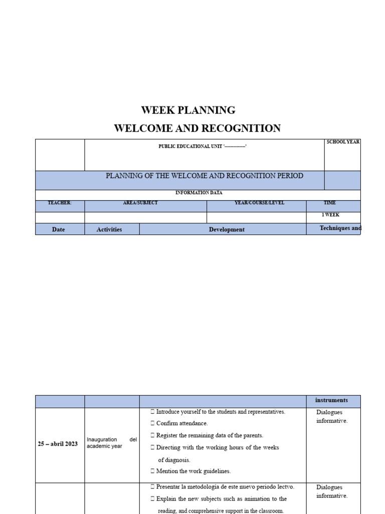 Planning - Welcome and Recognition Week | PDF | Curriculum | Learning