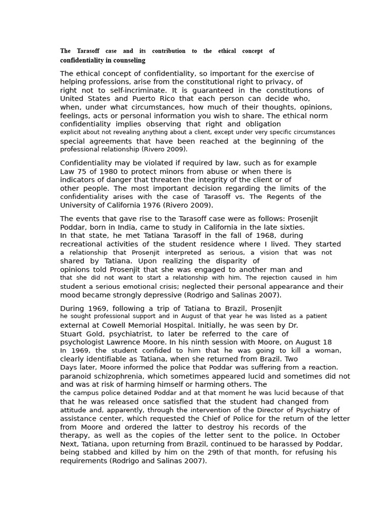 The Tarasoff Case and Its Contribution To The Ethical Concept of ...
