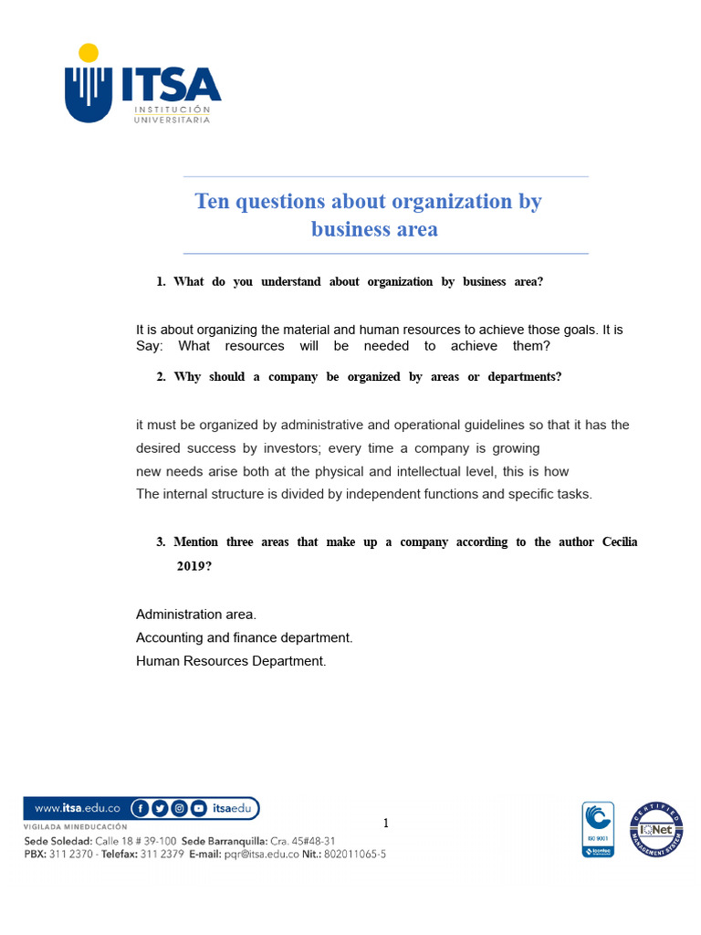 10 Questions - Organization by Business Area | PDF | Employment | Marketing