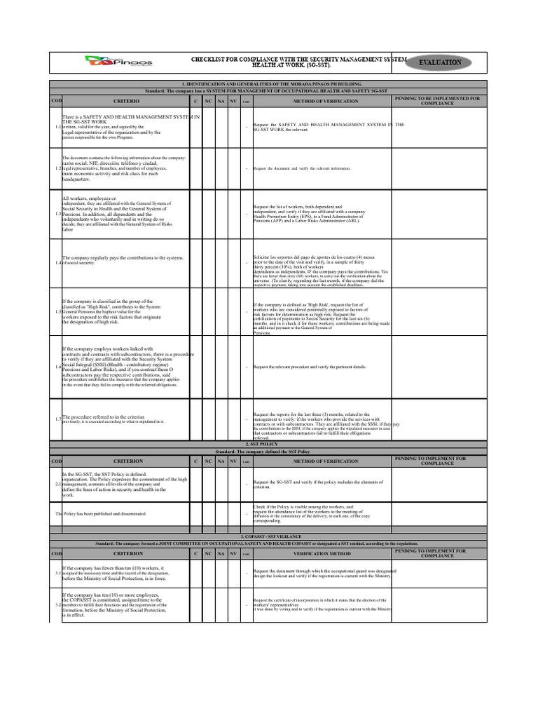 Checklist For Internal Audit Sg-Sst. | PDF | Occupational Safety And ...