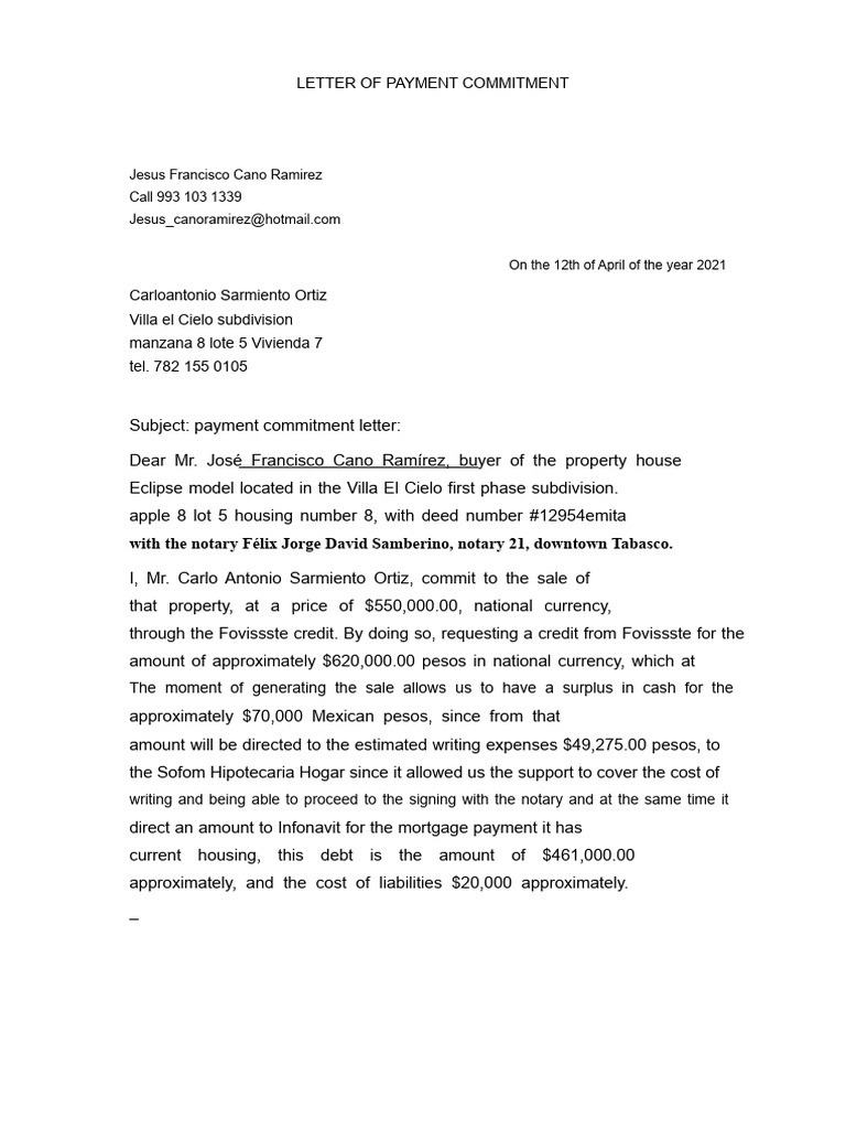 Letter of Payment Commitment | PDF