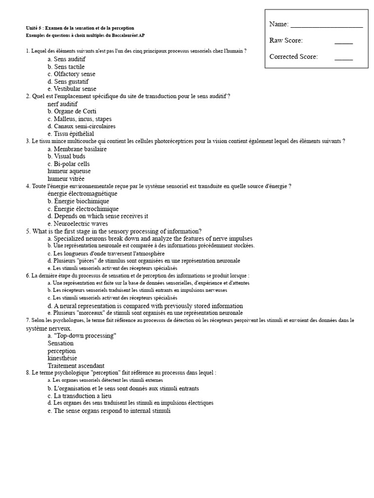 Questions sur la sensation et perception AP | PDF | la perception ...