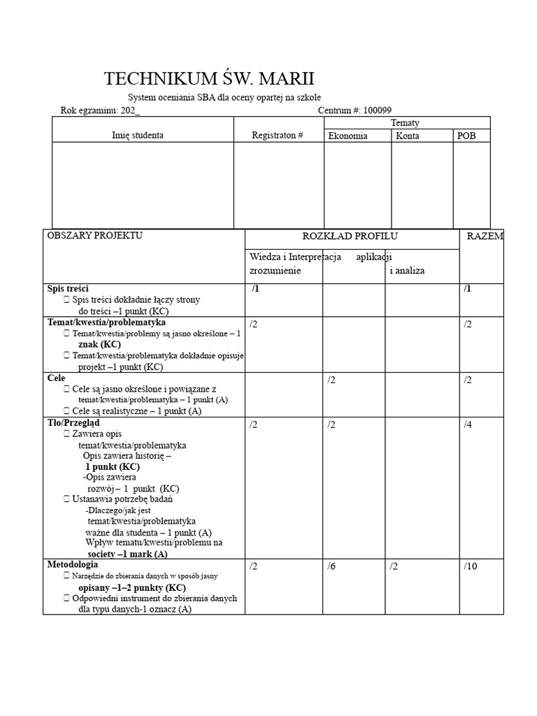 Schemat Oceniania POB SBA | PDF
