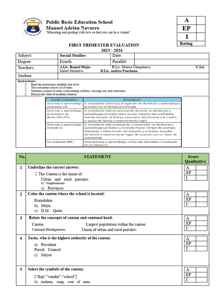 First Trimester Assessment Social Studies 4th Grade | PDF