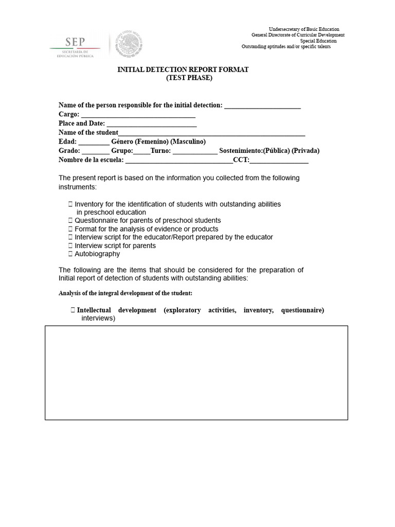 Initial Detection Report For Preschool | PDF | Learning | Cognition