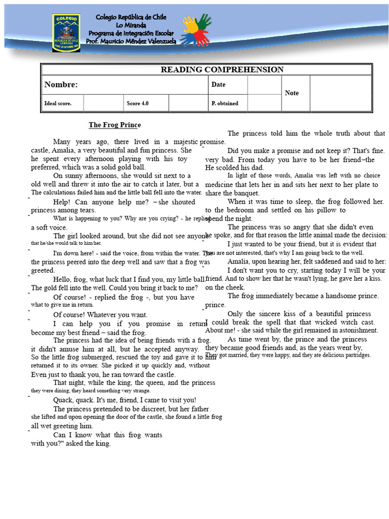 Reading Comprehension The Frog Prince | PDF | Folklore | Fairy Tales