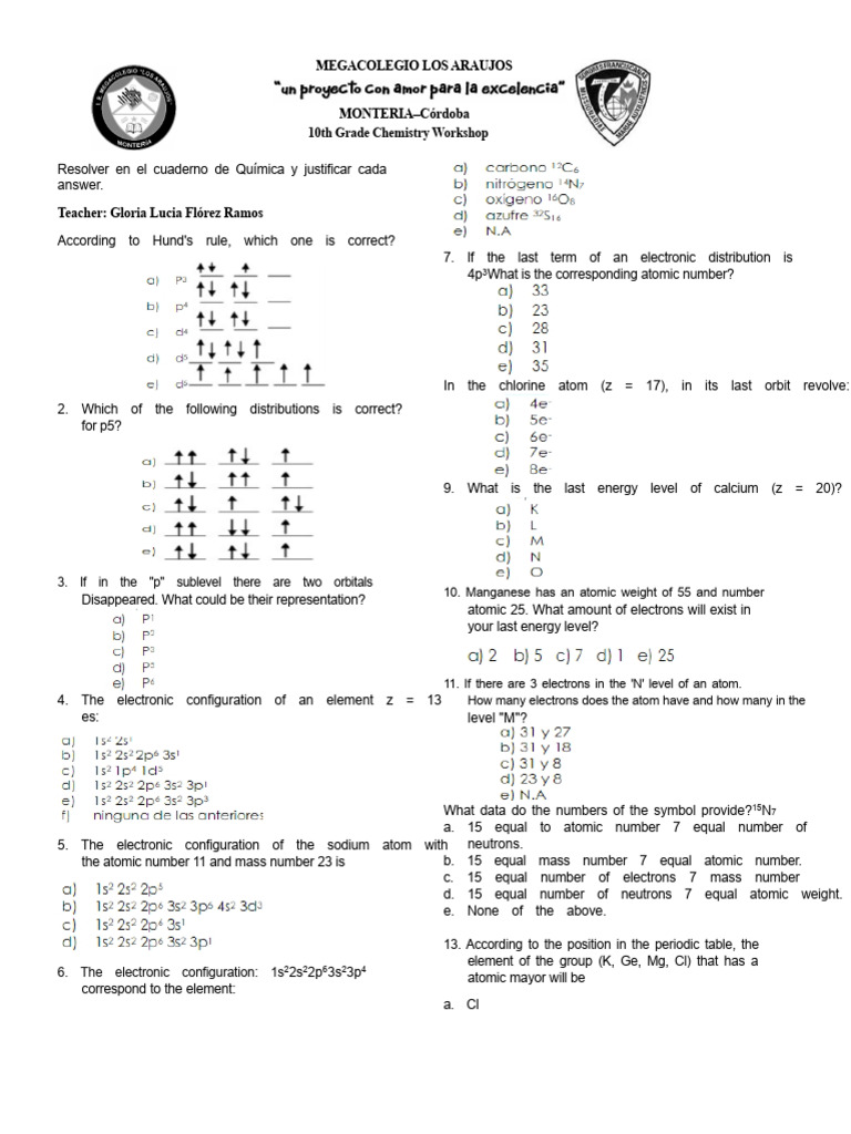 Chemistry Workshop Grade 10 | PDF | Electron Configuration | Quantum ...