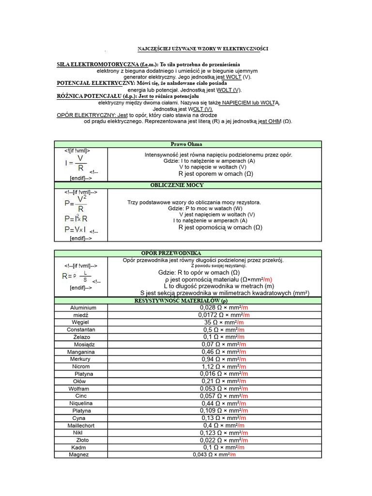 Najczęściej Używane Wzory W Elektryczności | PDF