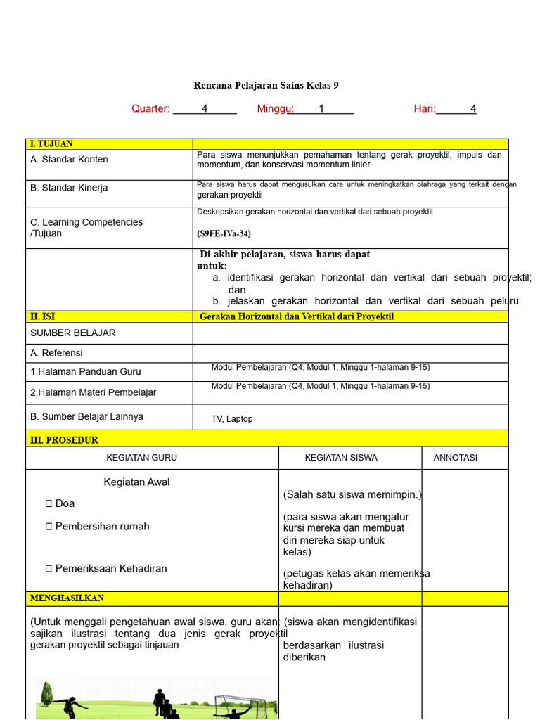 Rencana Pelajaran Gerak Proyektil Kelas 9 | PDF