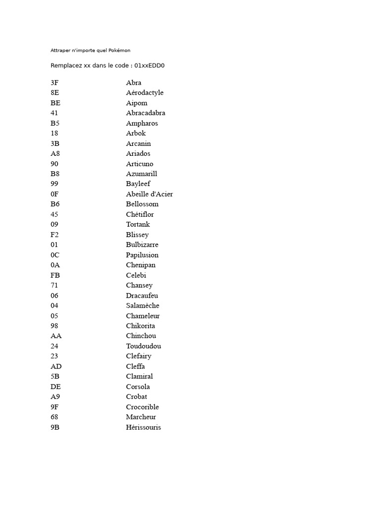Codes pour attraper tous les Pokémon | PDF