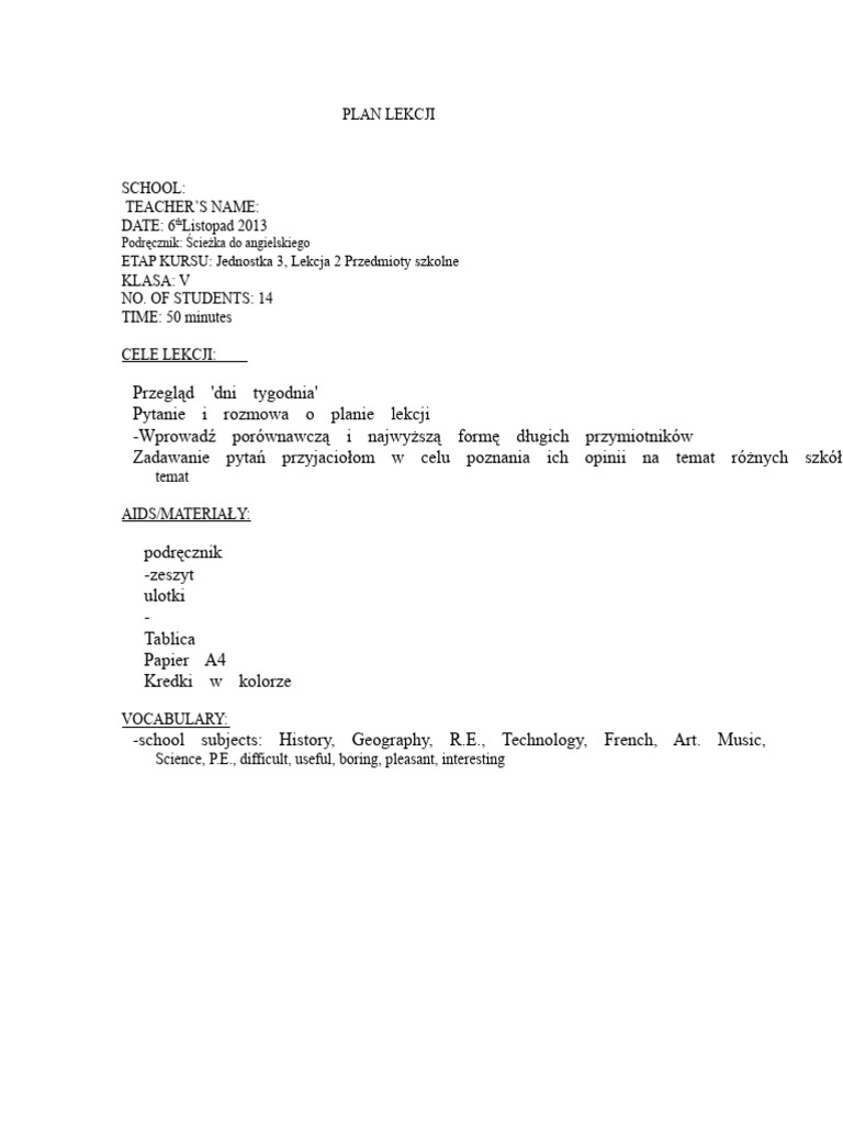Plan Lekcji Przedmioty Szkolne | PDF