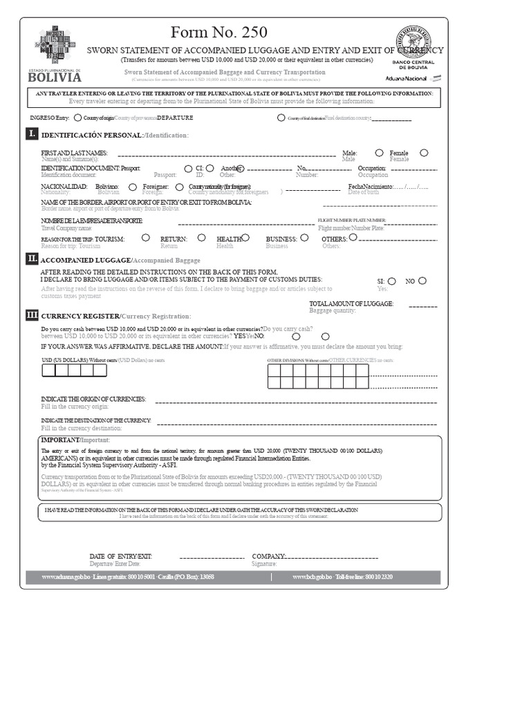 Bolivia Luggage & Currency Declaration Form | PDF | United States ...