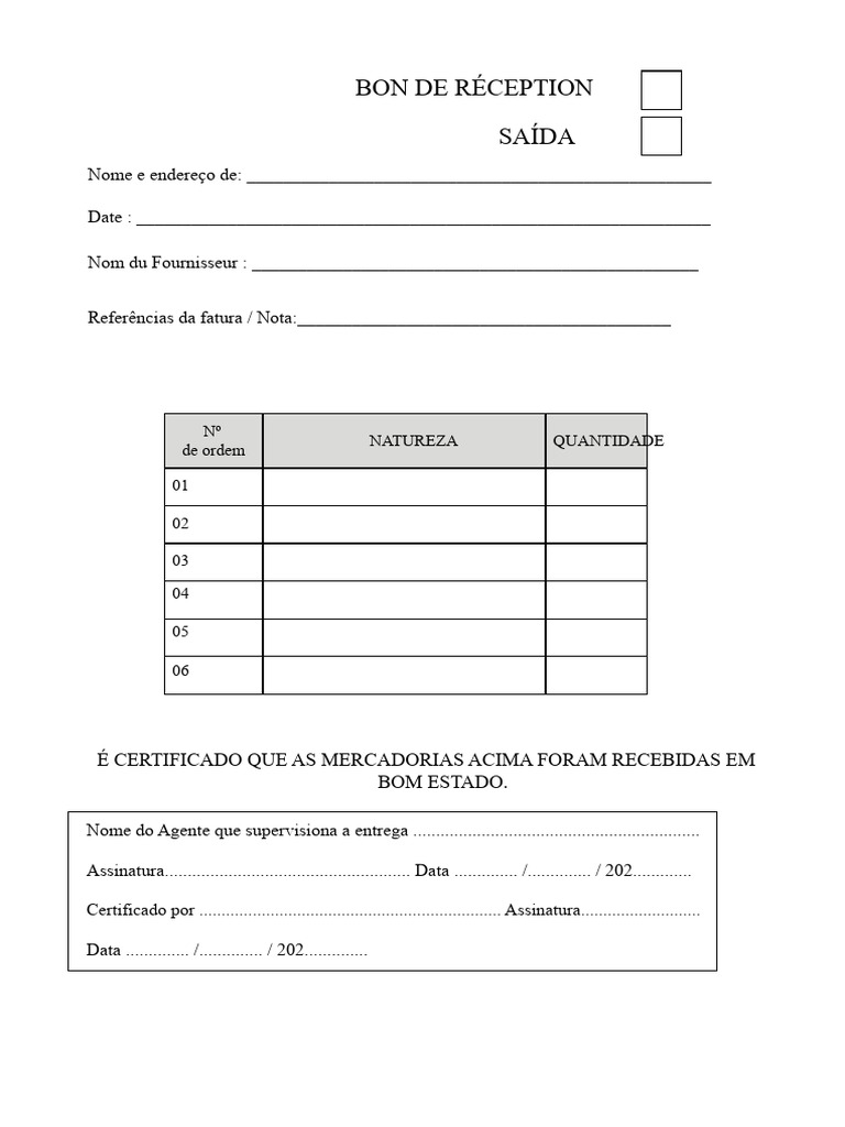 Modelo de Bon de Réception para Entregas | PDF