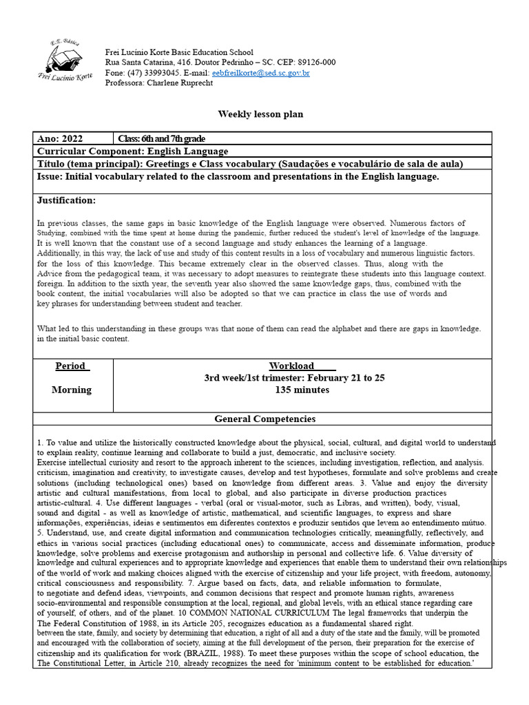 Weekly Lesson Plan - English - 6th and 7th Grade - 210222 - 250222 ...
