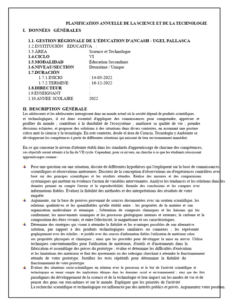 Planification annuelle Science et Technologie | PDF | Atomes | Chimie
