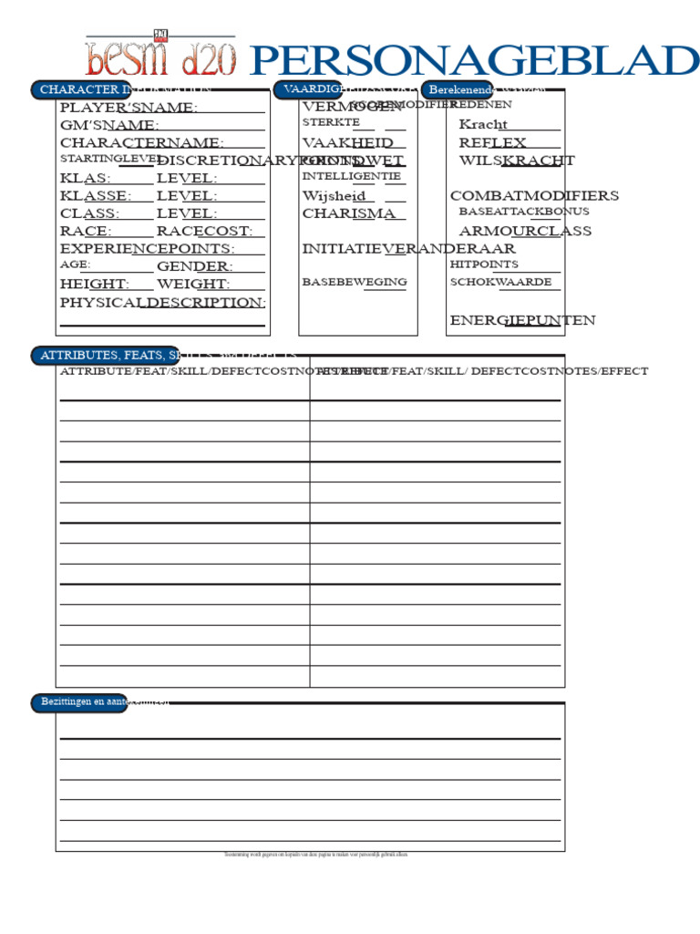 BESM D20 - Personageblad | PDF