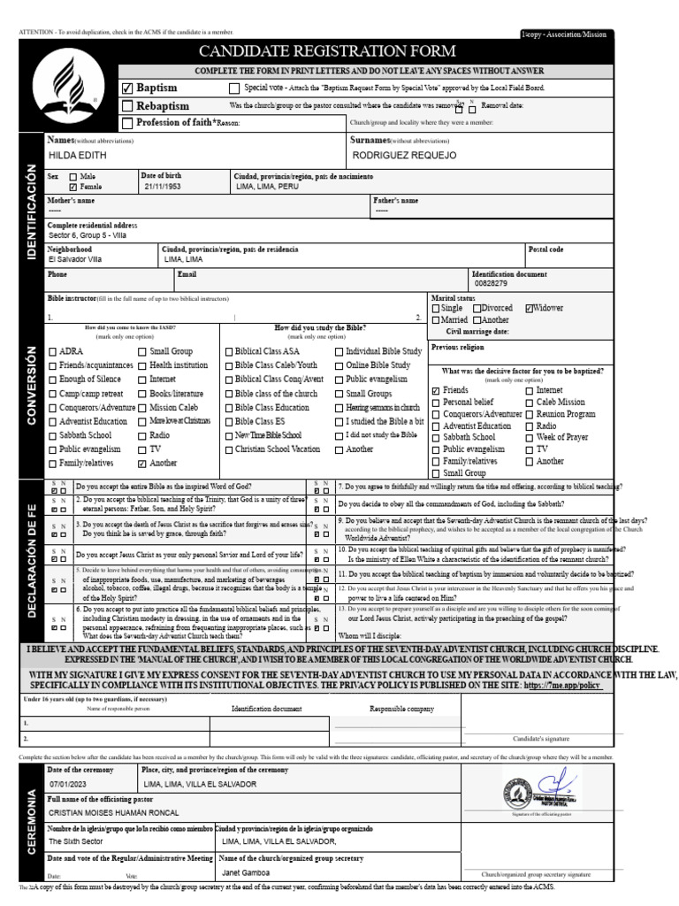 Candidate Registration Form for Baptism | PDF | Seventh Day Adventist ...
