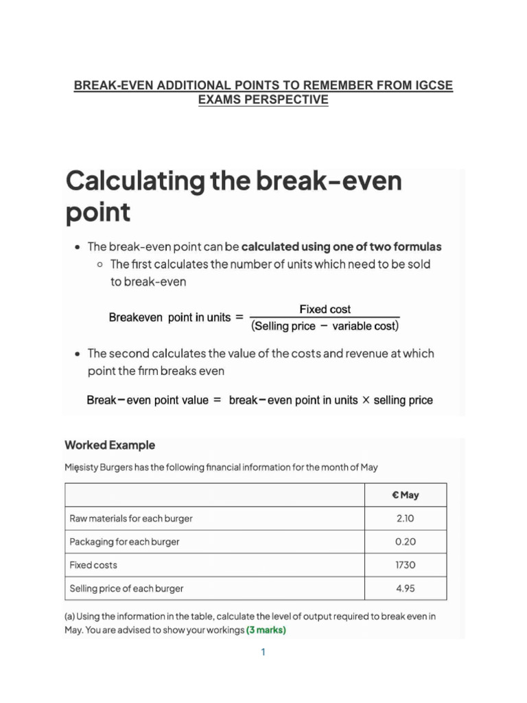 IGCSE Business (0450) - Breakeven Important Analysis | PDF