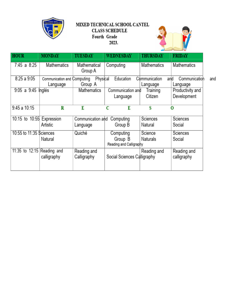 4th Grade Class Schedule 2023 | PDF
