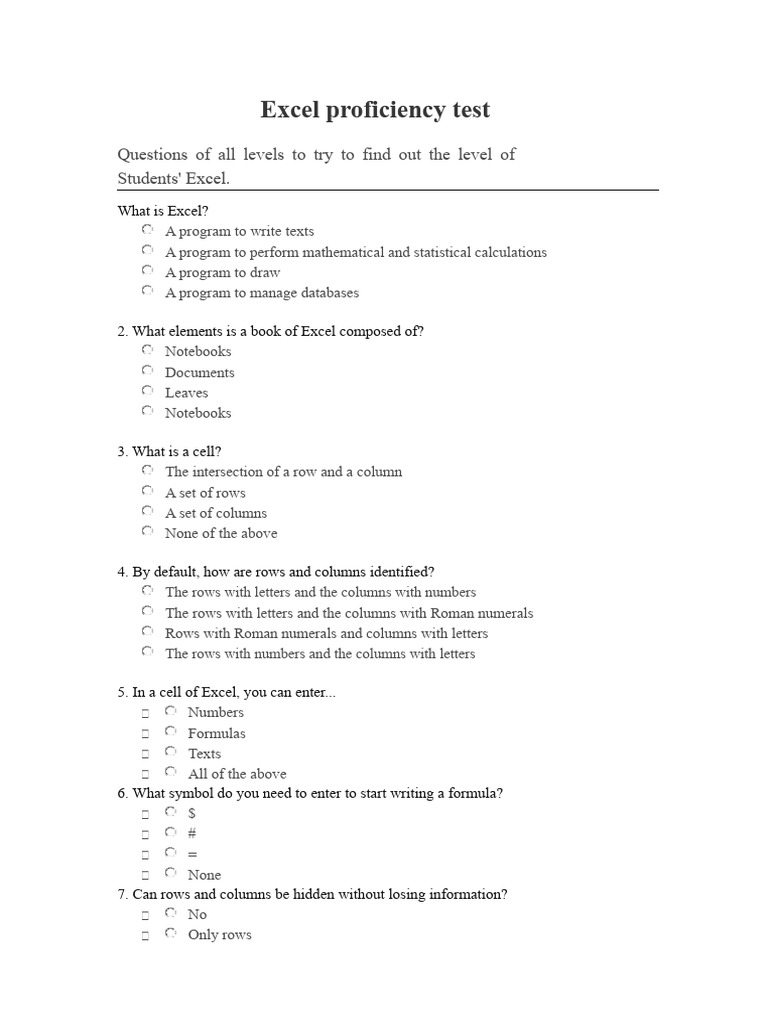 Excel Level Test (Location) | PDF | Microsoft Excel | Mathematics