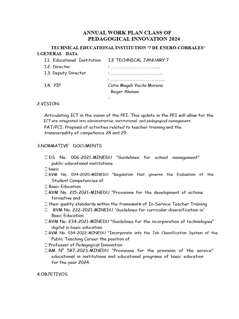 ANNUAL WORK PLAN FOR PEDAGOGICAL INNOVATION CLASSROOM 2024 | PDF | Educational Technology | Teachers
